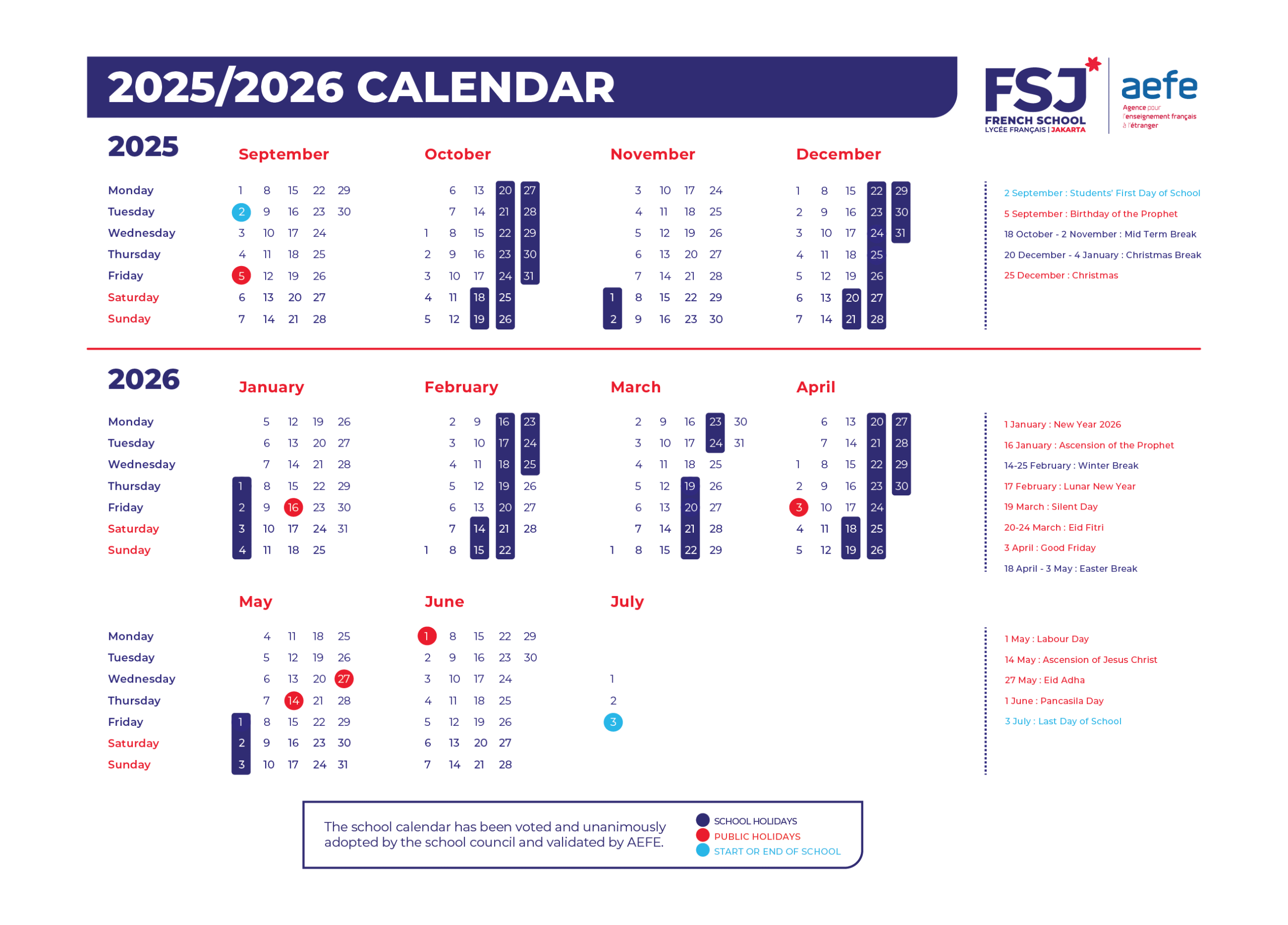 Calendrier Scolaire et Livret d'Accueil | Lycée Français de Jakarta